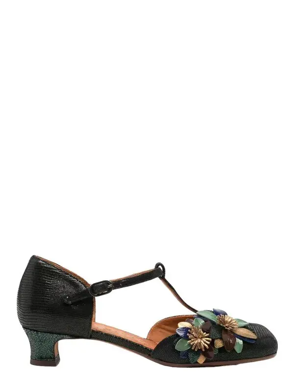 Chie Mihara Floral-appliqué T-bar Pumps - Black