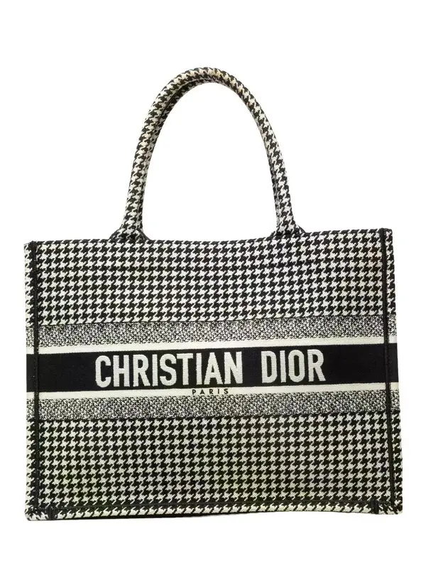 Dior 2019 Medium Canvas Houndstooth Embroidered Book Tote Bag - Black