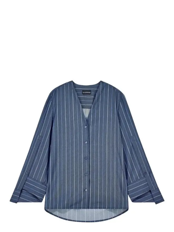Emporio Armani Long-sleeved V-neck Shirt In Striped Jacquard Denim - Blue