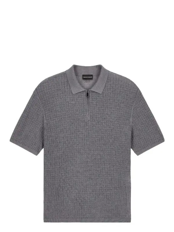 Emporio Armani Polo Collar Sweater In Wool And Lyocell Blend With Patterned Knit - Grey
