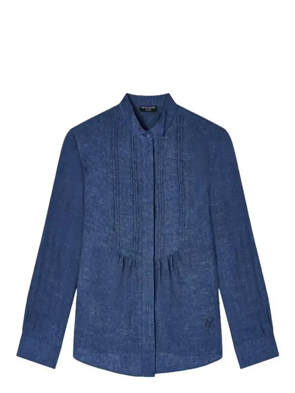 Emporio Armani Icon Linen Chambray Shirt With Plastron - Blue