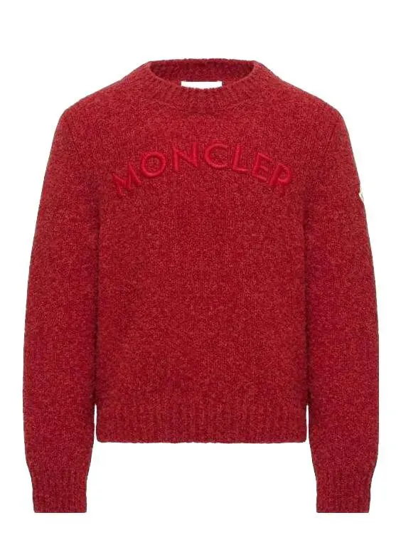 Moncler Logo Bouclé Wool Blend Sweater - Deep Red