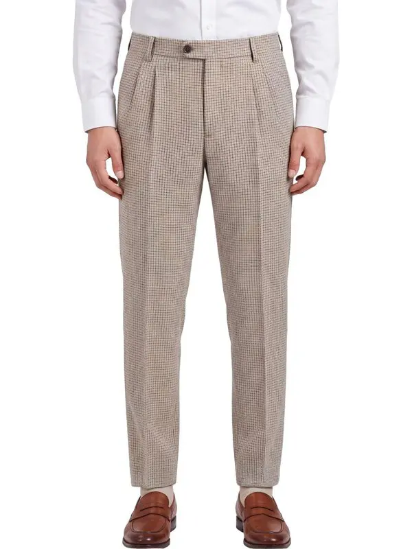 Eleventy Slim Fit Check Virgin Wool Pleated Trousers - Brown