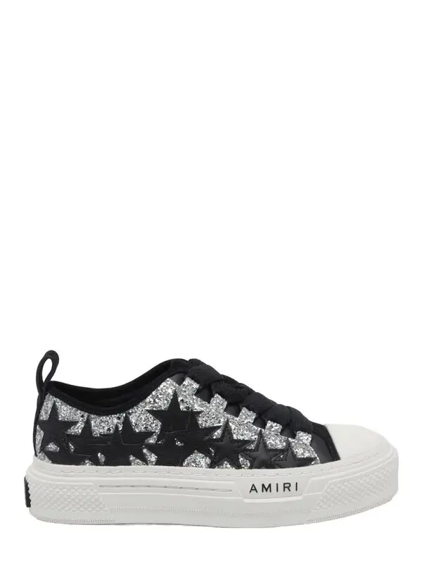 Amiri Stars Court Leather And Mesh Sneakers With Star Motif And Platform Sole - Grey