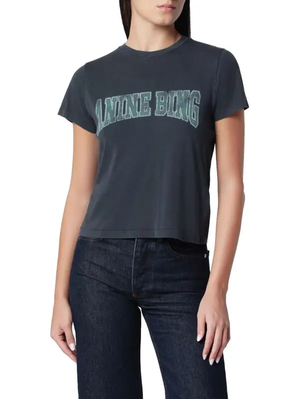 ANINE BING Cotton Crewneck T-shirt With Contrasting Logo And Short Sleeves - Black