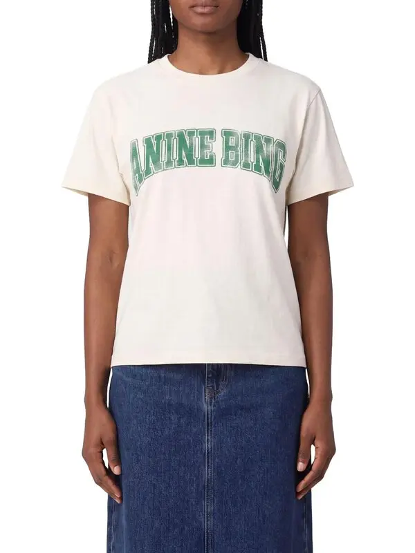 ANINE BING Cotton Crewneck T-shirt With Contrasting Logo And Short Sleeves - Ecru
