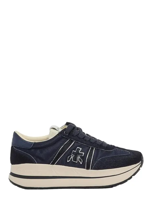 Premiata Bethcoin Leather And Suede Sneakers With Contrasting Logo And Platform Sole - Navy