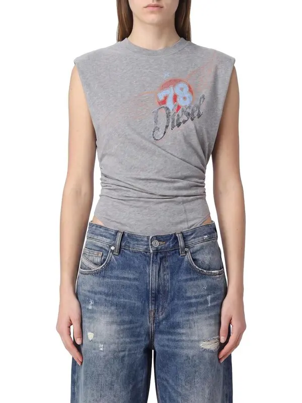 DIESEL® Sleeveless Draped Cotton Bodysuit With Graphic Print - Grey