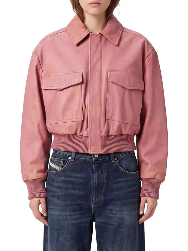 DIESEL® Cropped Distressed Lambskin Leather Bomber Jacket - Pink