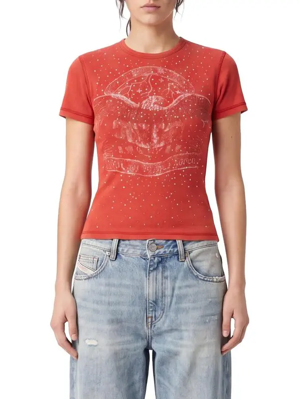 DIESEL® Slim Fit Cotton T-shirt With Embroide Logo And Rhinestones - Red