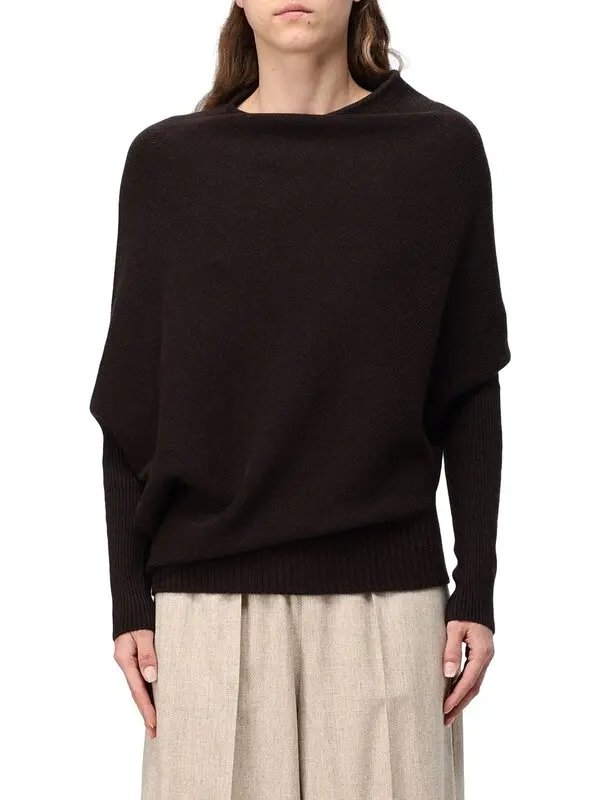 Agnona Long-sleeved Crewneck Jumper In Pure Cashmere With Ribbed Trims - Dark