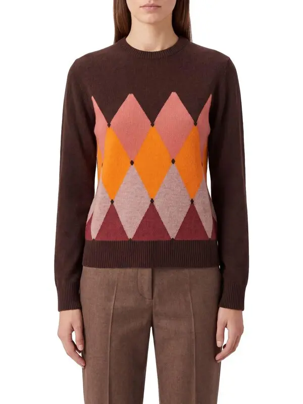 BALLANTYNE Argyle Pattern 100% Cashmere Crewneck Jumper - Brown