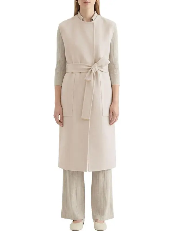 Agnona Long Sleeveless Belted Wrap Coat In Pure Cashmere With Crew Neck - Beige