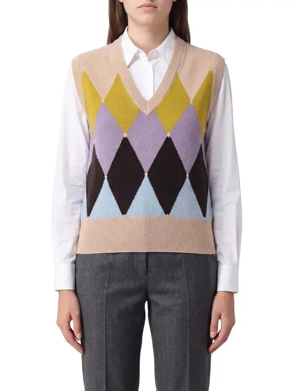 BALLANTYNE Argyle Pattern 100% Cashmere V-neck Knit Vest - Beige