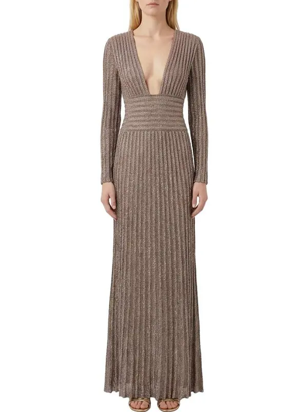 Missoni Long-sleeved V-neck Lurex Knit Long Dress - Multicolor