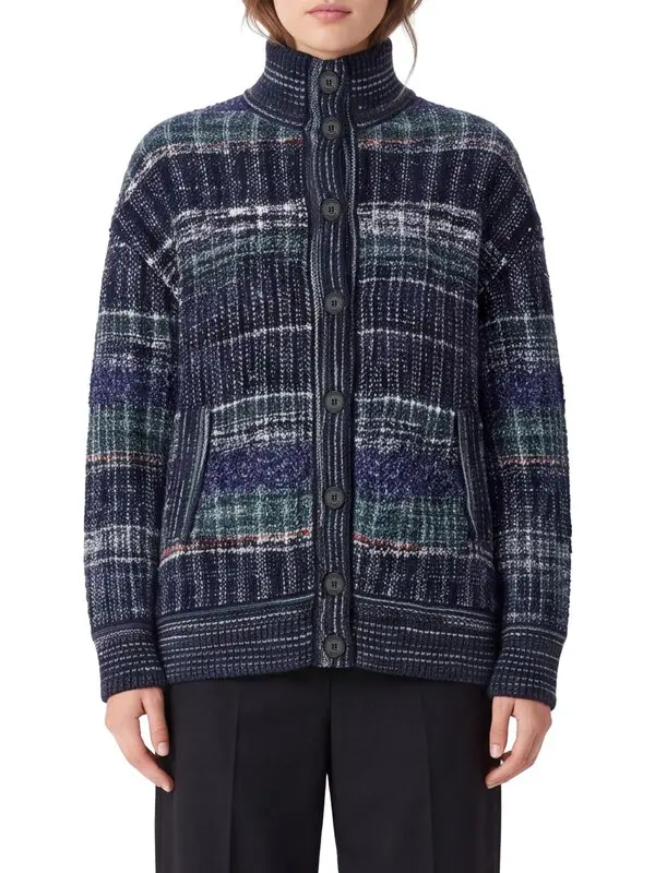 Missoni Striped Wool Blend High Neck Cardigan With Dropped Shoulders - Blue