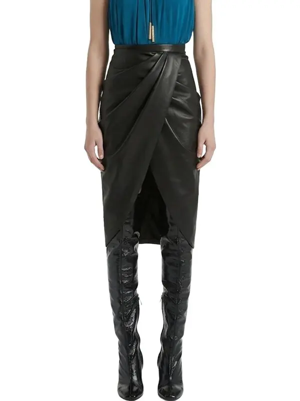Balmain Draped Asymmetric Lambskin Leather Midi Skirt - Black