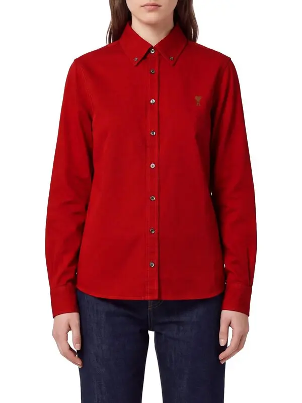 AMI Paris Embroide Logo Button-down Cotton Shirt - Red