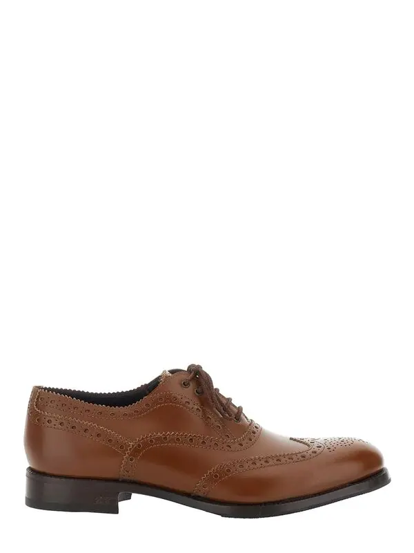 LIDFORT Smooth Leather Brogue Wingtip Derby Shoes - Brown