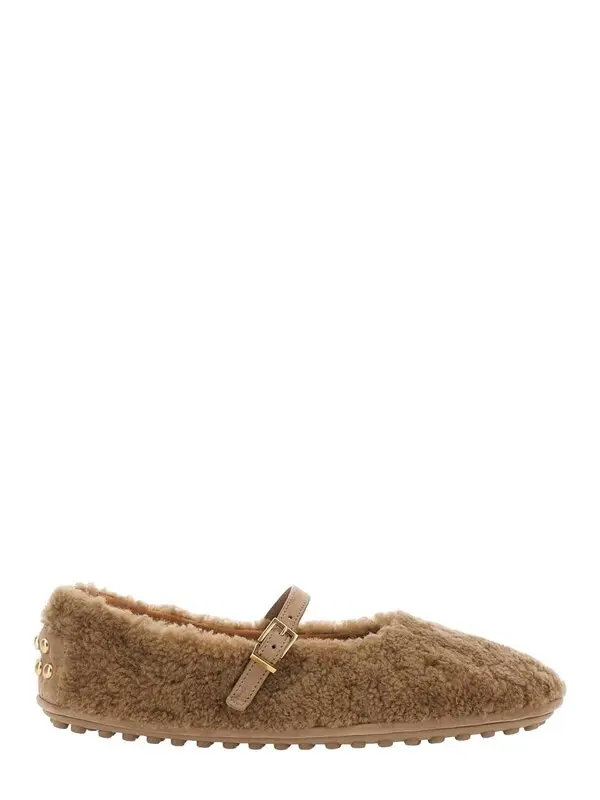 TOD'S Mary Jane Ballet Flats In Leather And Shearling With Gommino Sole - Beige