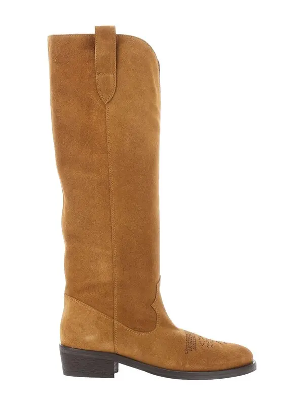 VIA ROMA 15 Suede Knee-high Western Boots With Low Heel - Beige