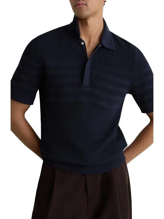 REISS Falklands Half Zip Textured Knit Polo Sweater - Navy