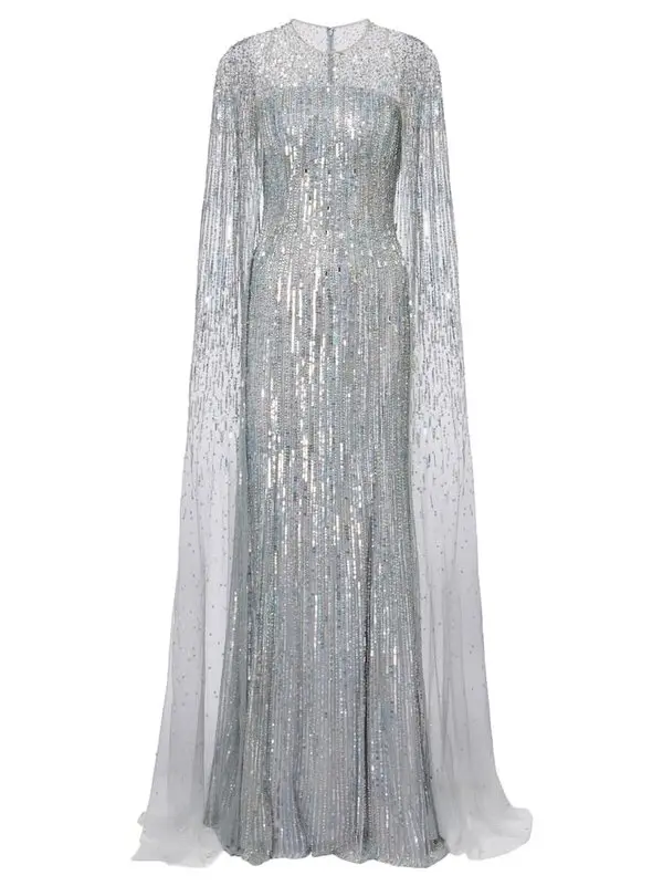 Jenny Packham Cosmic Dust Embellished Caped Gown - Silver