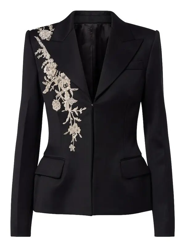 Alexander McQueen Beaded Embroidered Wool Blazer - Black