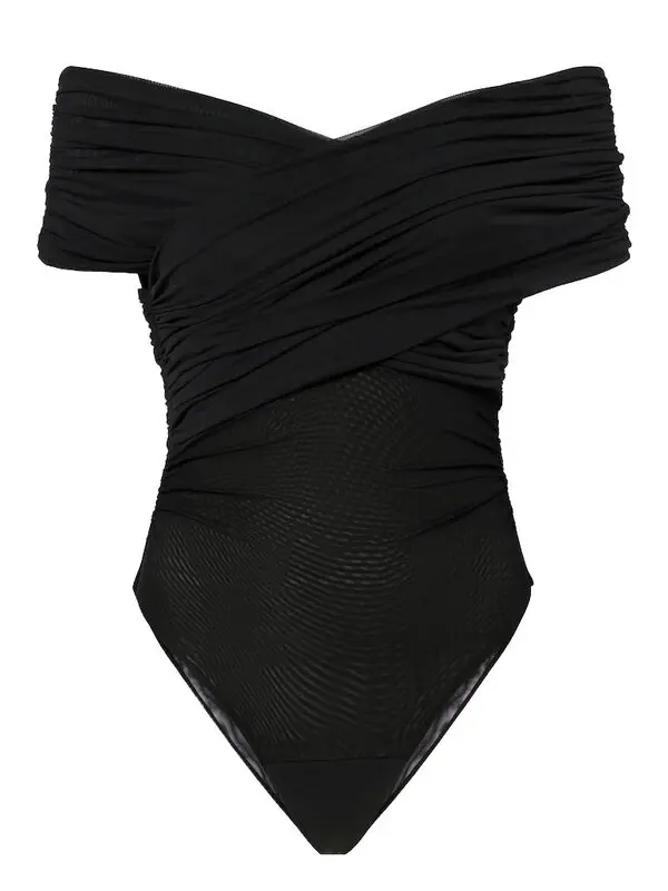 SIR. Off-shoulder Ruched Mesh Bodysuit - Black