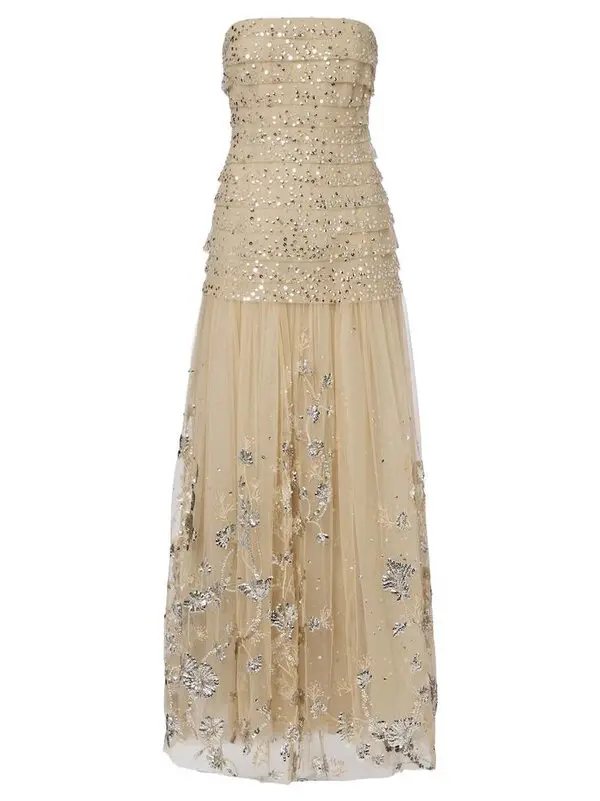 GEORGES HOBEIKA Sequined Tiered Tulle Bustier Gown - Beige