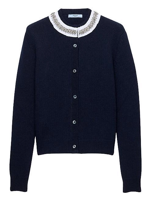 Prada Jewel-embellished Collar Wool And Cashmere Cardigan - Blue