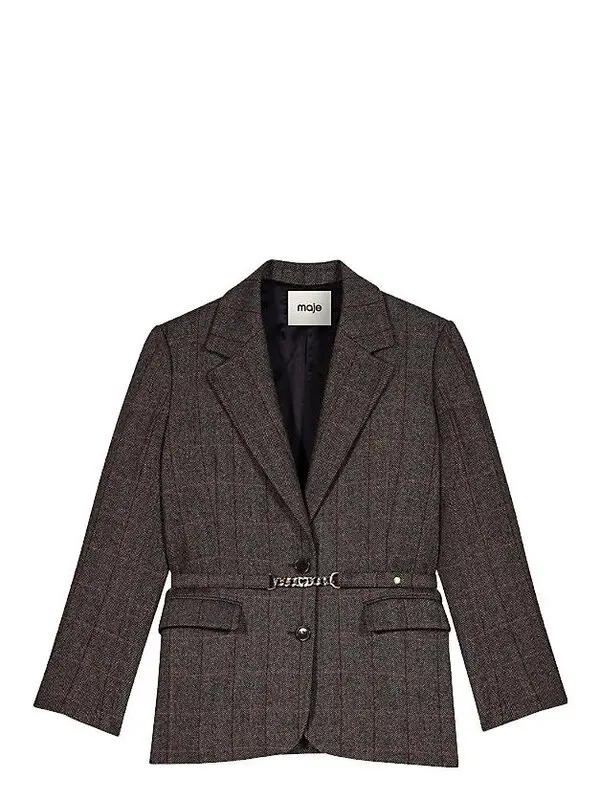 Maje Herringbone Check Belted Suit Wool-blend Jacket - Brown