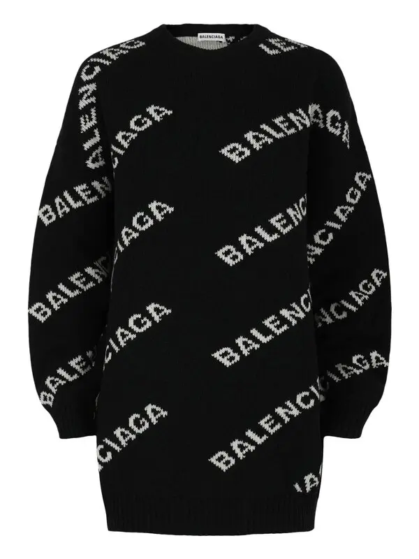Balenciaga Allover Logo Knit Sweater White - Black