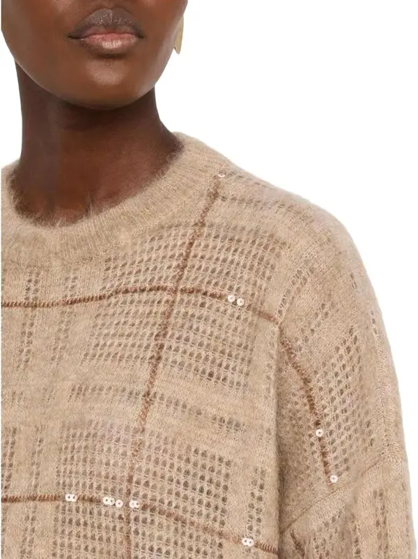 Brunello Cucinelli Paillette Check Mohair Crewneck Sweater - Beige