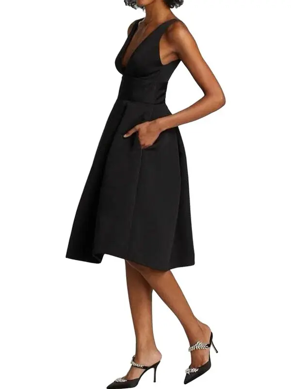 Amsale Faille Deep V-neck Dress - Black