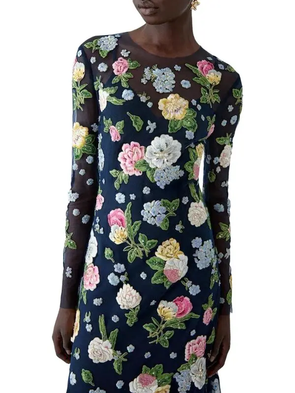 Carolina Herrera Floral Embroidered Tulle Long-sleeve Midi Dress - Midnight