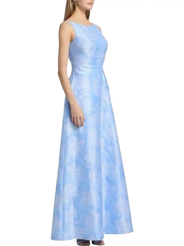 KAY UNGER Caitlin Pleated Floral Jacquard Gown - Spring Blu