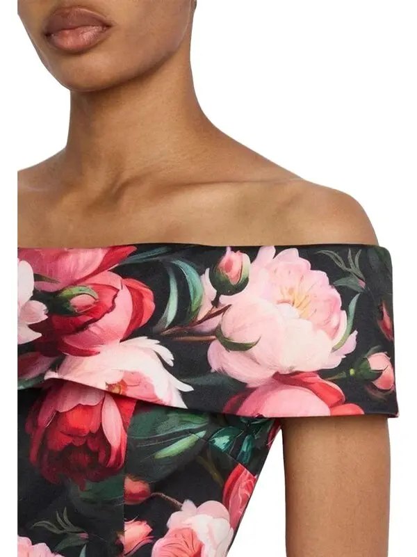 Rickie Freeman For Teri Jon Off-shoulder Floral Mikado Dress - Black Mult