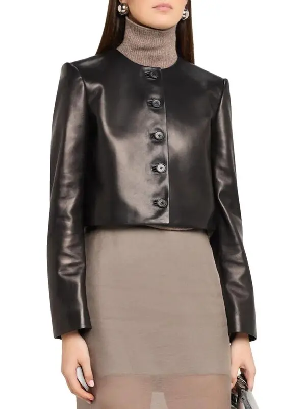 Brandon Maxwell Ryder Leather Cropped Box Jacket - Black