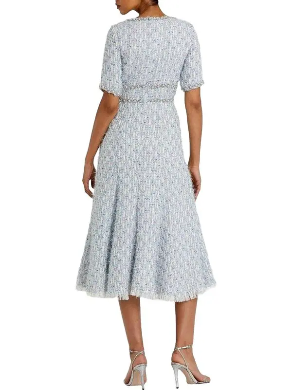 Mac Duggal Short-sleeved Beaded Tweed Midi Dress - Blue Multi