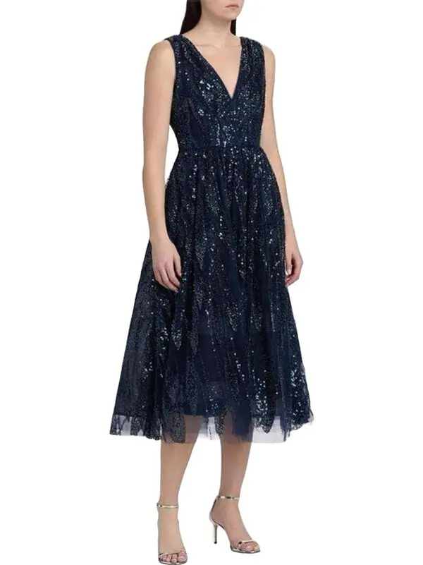 MILLY Tinsley Embroidered V-neck Dress - Navy Multi