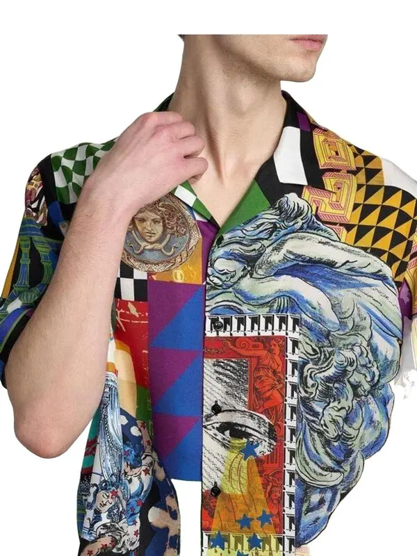Versace Medusa Collage Silk Twill Camp Shirt - Multicolor