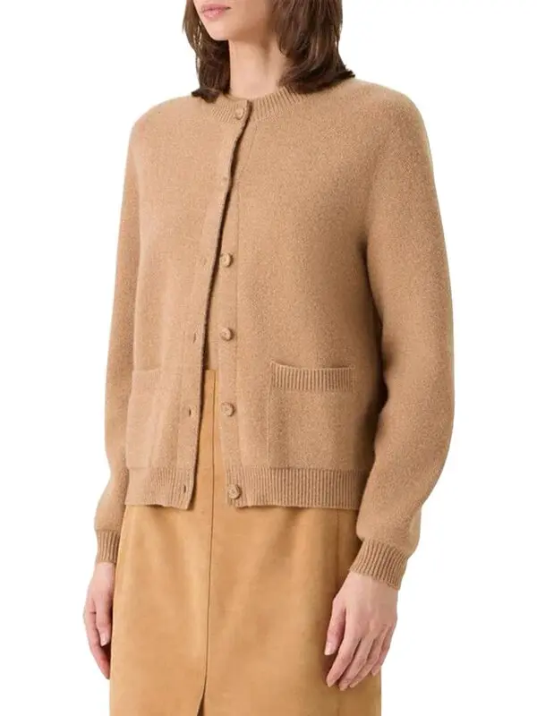 Akris Crewneck Cashmere Pique Knit Cardigan - Camel