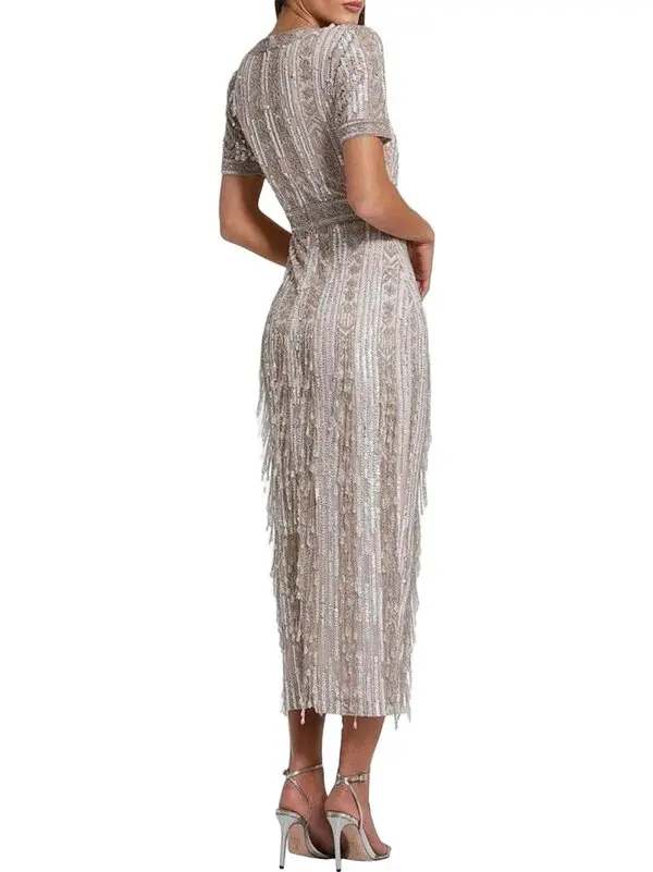 Mac Duggal Geometric Beaded Cocktail Midi Dress - Blush