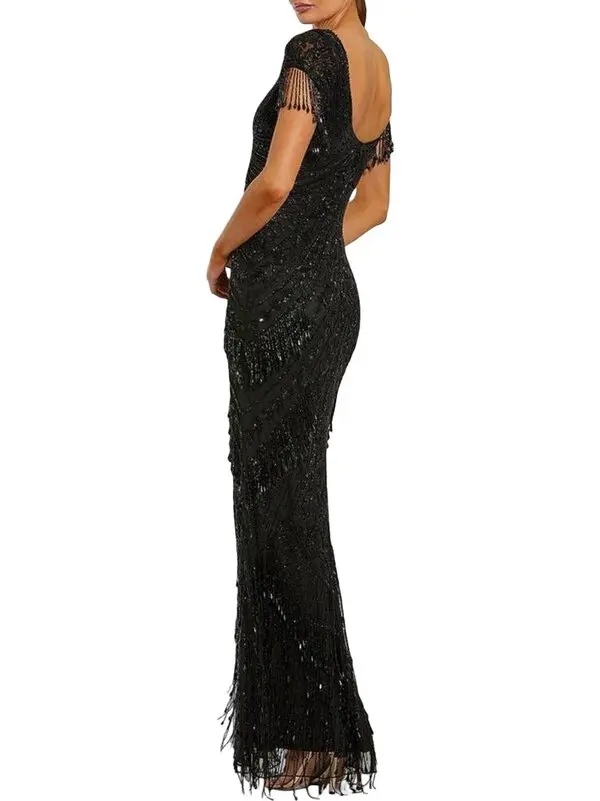 Mac Duggal Beaded Fringe Column Gown - Black