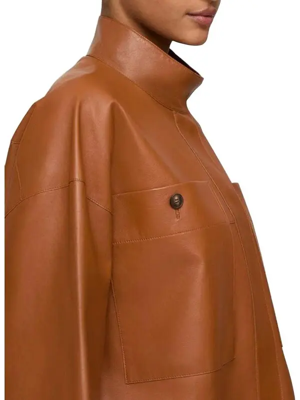 Lafayette 148 New York Oversized Cropped Leather Shirt Jacket - Copper