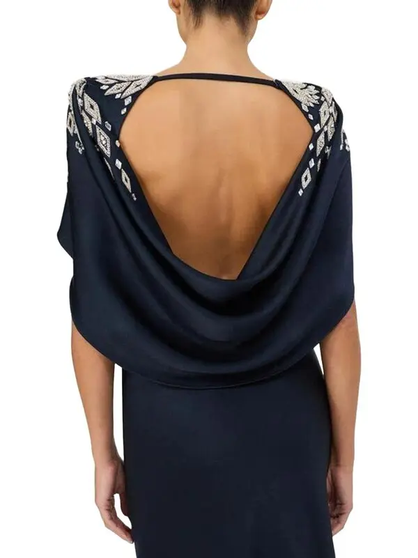 Jenny Packham Ophelia Embellished Draped Capelet Backless Gown - Ink