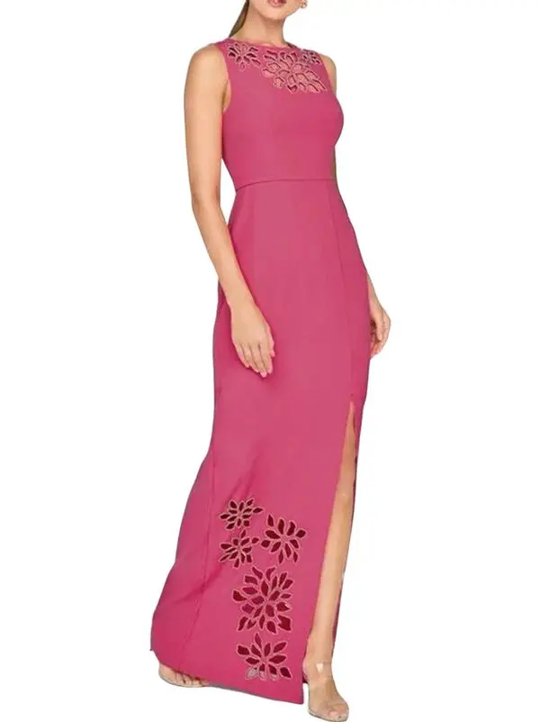 KAY UNGER Indiana Floral Cutout Column Gown - Raspberry