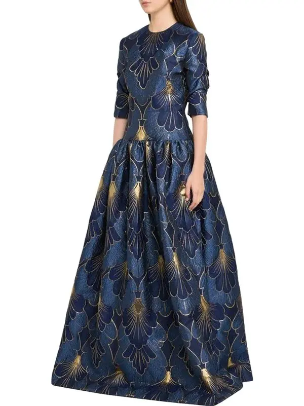 REEM ACRA 3/4-sleeve Lame Brocade Drop-waist Gown - Navy