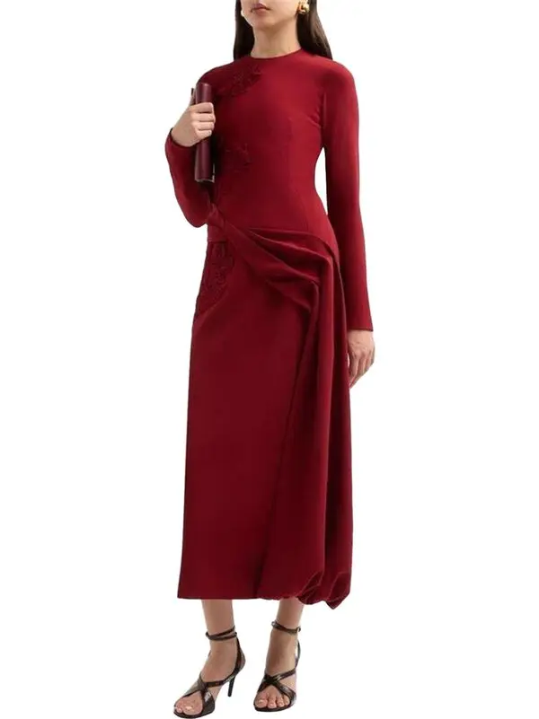 Lela Rose Floral Organza Embroidered Crepe Midi Dress - Wine